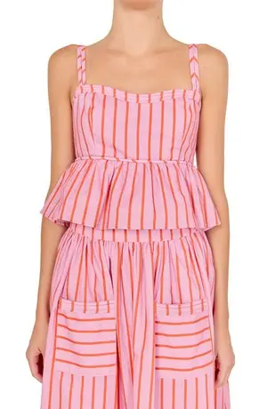 English Factory Stripe Ruffle Hem Cotton Top