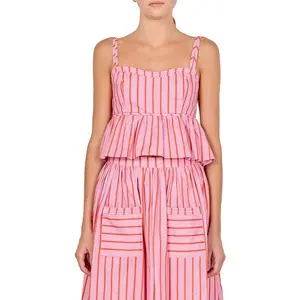 English Factory Stripe Ruffle Hem Cotton Top - Pink/orange