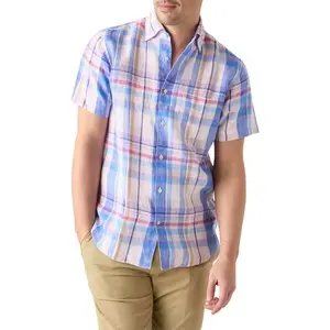 Robert Talbott Morgan Plaid Linen Short Sleeve Shirt Pink Multi