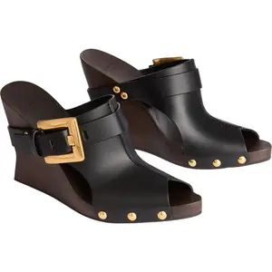 Balmain Anthem Wedge Smooth Leather Mules - Black