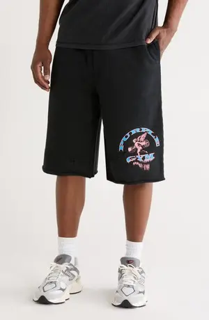 PURPLE BRAND Logo Graphic Relaxed Fit Cotton Shorts - Black
