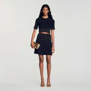 Sandro Cropped Knit Top With Tassels And Button Fastening - Black
