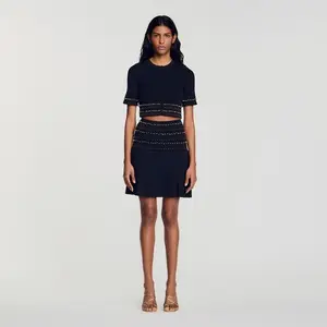 Sandro Cropped Knit Top With Tassels And Button Fastening - Black