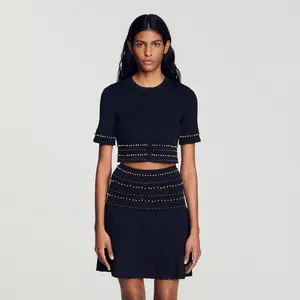 Sandro Cropped Knit Top With Tassels And Button Fastening - Black