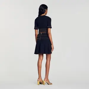 Sandro Cropped Knit Top With Tassels And Button Fastening - Black