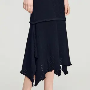 Sandro Pointelle Midi Dress With Ruffled Asymmetrical Skirt