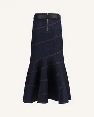SELF-PORTRAIT Denim Midi Skirt With Belt