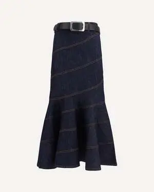 SELF-PORTRAIT Denim Midi Skirt With Belt