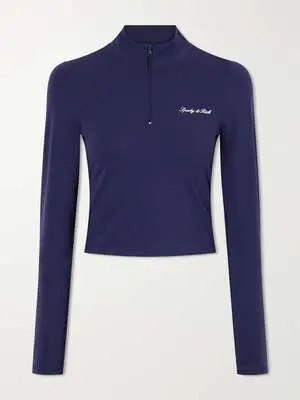SPORTY & RICH Logo-appliquéd Cropped Stretch-jersey Half-zip Jacket - Navy