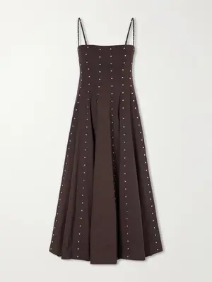 Staud Wylie Embellished Paneled Stretch Cotton-blend Poplin Midi Dress - Brown
