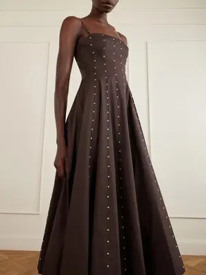 Staud Wylie Embellished Paneled Stretch Cotton-blend Poplin Midi Dress - Brown