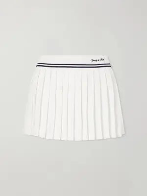 SPORTY & RICH Abigail Pleated Embroidered Striped Crepe De Chine Mini Skirt - Neutrals