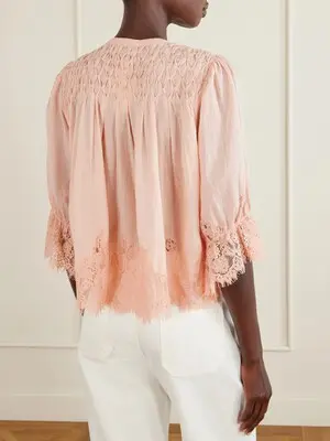 Rixo Erika Shirred Cotton-voile Blouse With Lace Trim