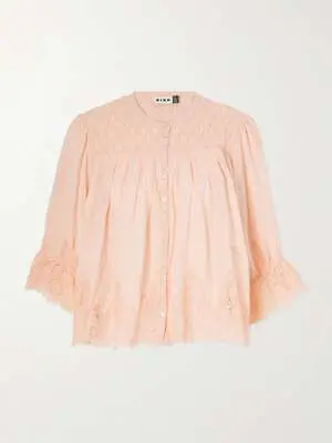 Rixo Erika Shirred Lace-trimmed Cotton-voile Blouse