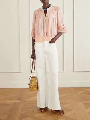 Rixo Erika Shirred Lace-trimmed Cotton-voile Blouse