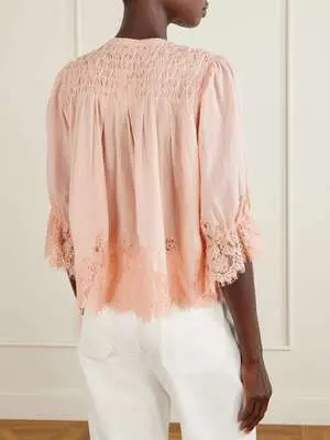 Rixo Erika Shirred Lace-trimmed Cotton-voile Blouse