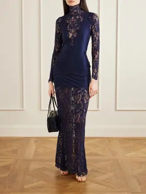 Rabanne Lace Trimmed Jersey Maxi Dress - Navy