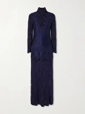 Rabanne RABANNE Lace Trimmed Jersey Maxi Dress Navy