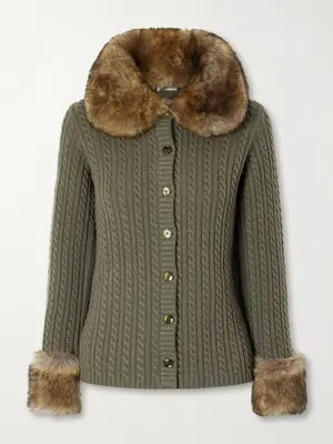 Saint Laurent Shearling-trimmed Cable-knit Cardigan - Green