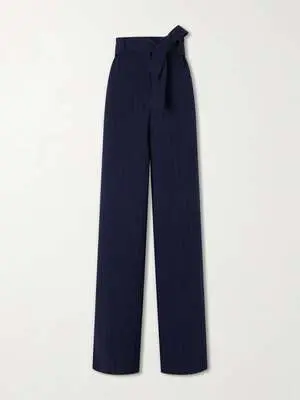 Max Mara Striped Seersucker Virgin Wool-blend Pants Navy