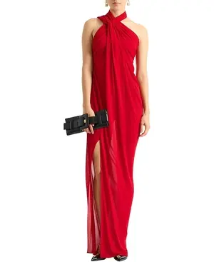 Balmain Long Draped Jersey Dress - Red