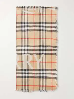 Burberry Frayed Printed Checked Wool And Silk-blend Scarf