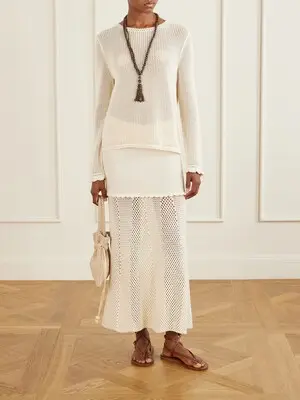 Escvdo Mural Crocheted Cotton Midi Skirt - Neutrals