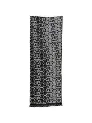 Philipp Plein Monogram-pattern Fringed-edge Scarf - Black