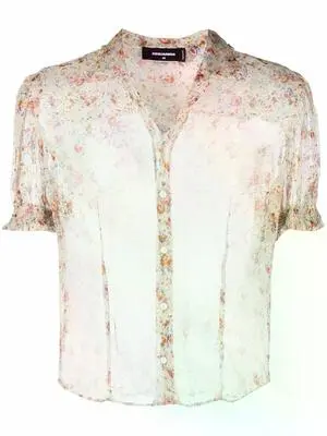 Dsquared2 Sheer Puff-sleeve Floral-print Shirt