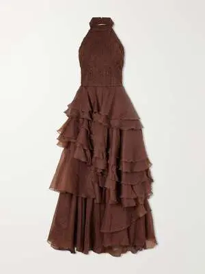 Aje Fayette Tiered Ruffled Crepon Halterneck Gown - Brown