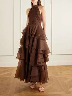 Aje Fayette Tiered Ruffled Crepon Halterneck Gown