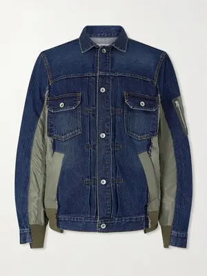 Sacai Distressed Shell-trimmed Denim Jacket - Blue