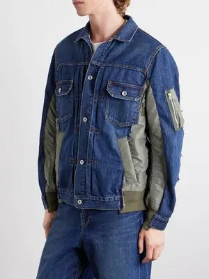 Sacai Distressed Shell-trimmed Denim Jacket