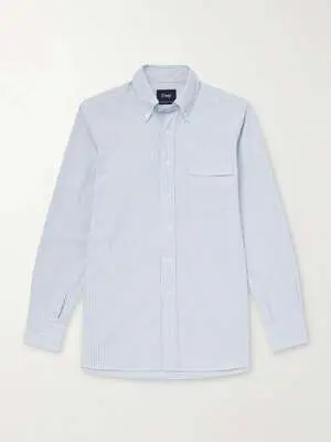 DRAKE'S Button-down Collar Striped Cotton Shirt - Blue