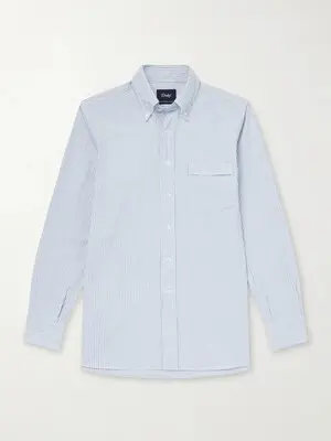 DRAKE'S Button-down Collar Striped Cotton Shirt