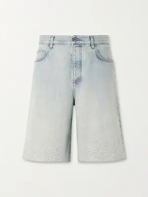 Loewe Wide-leg Anagram-embroidered Denim Shorts - Blue