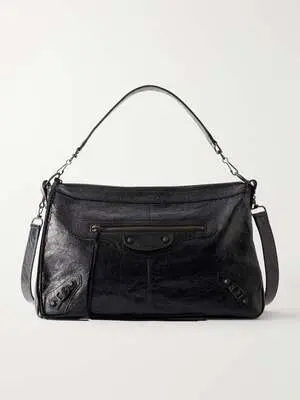 BALENCIAGA Le City Moto Medium Embellished Crinkled-leather Messenger Bag - Black
