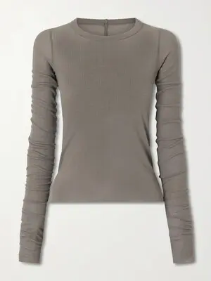 Rick Owens Ribbed Jersey T-shirt With Elongated Sleeves And Raw Hem - Gray
