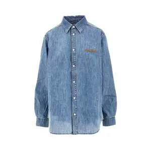Miu Miu Logo Embroidered Chambray Denim Shirt - Blue
