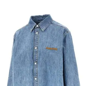 Miu Miu Logo Embroidered Chambray Denim Shirt - Blue