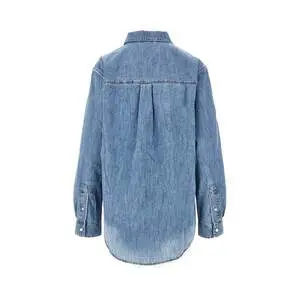 Miu Miu Logo Embroidered Chambray Denim Shirt - Blue
