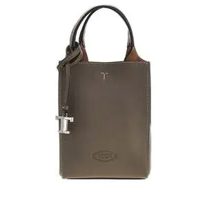 TOD'S Grained Leather Micro Tote Bag With T Timeless Charm - Grey