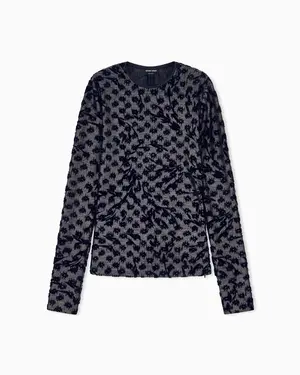 Giorgio Armani Crewneck Long-sleeve Top With Geometric Floral Jacquard - Navy Blue