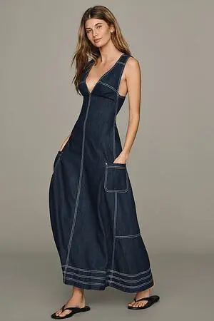 PILCRO Cotton Denim Apron Midi Dress - Dark Denim