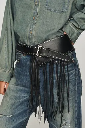 Z & L EUROPE Asymmetric Fringed Leather Belt - Black