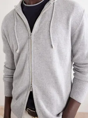 Eleventy Ribbed Cashmere Zip-up Hoodie