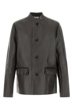 RIER Rieri Dark Leather Jacket With High Collar - Grey