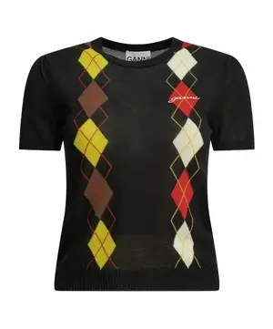 GANNI Argyle Short-sleeve Knitted Top - Black