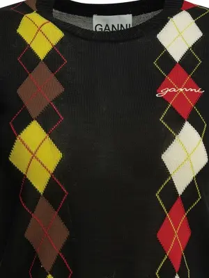 GANNI Argyle Short-sleeve Knitted Top - Black