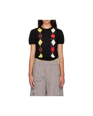 GANNI Argyle Short-sleeve Knitted Top - Black